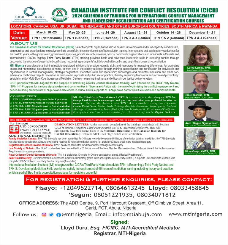 CANADIAN INSTITUTE FOR CONFLICT RESOLUTION (CICR) 2024 CALENDAR OF ...